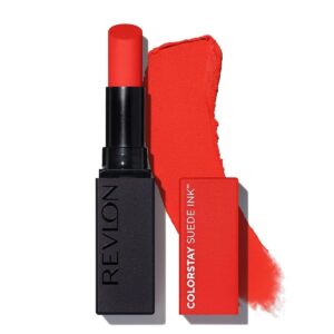 REVLON Lipstick, ColorStay Suede Ink, Built-in Primer, Infused with Vitamin E, Waterproof, Smudge-proof, Matte Color, 007 Feed the Flame, 0.09 oz.