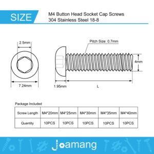 Joamang M4 x 20mm 25mm 30mm 35mm 40mm Button Head Socket Cap Screws Bolts, Stainless Steel 304, Metric Allen Hex Drive, Bright Finish, Fully Threaded, Assortment Kit 50PCS