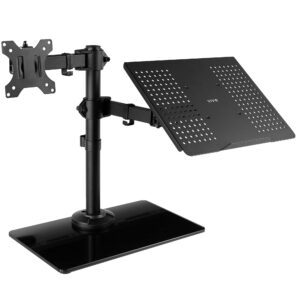 vivo free standing single computer monitor and laptop combo desk stand with sleek glass base, fits up to 32 inch monitors and 17 inch laptops, black, stand-v002fgl