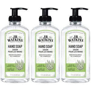 j.r. watkins liquid hand soap with dispenser, moisturizing hand soap, alcohol-free hand wash, cruelty-free, liquid soap for bathroom or kitchen, aloe & green tea, 11 fl oz, 3 pack