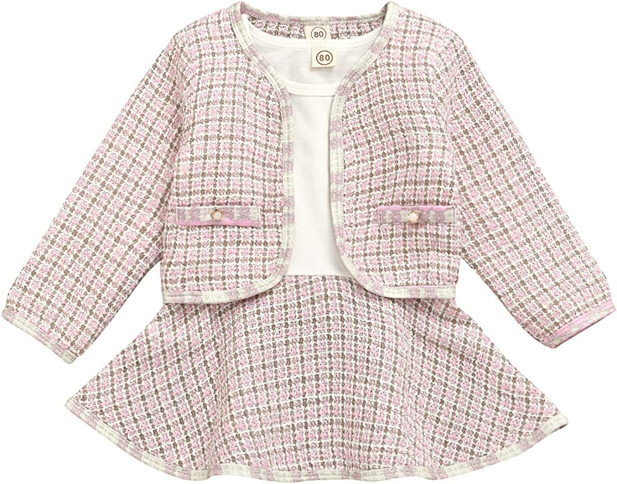 BOIZONTY Toddler Kids Baby Girls Plaid Skirt Set Cardigan Jacket Coat + Tutu Dress Set Long Sleeve Outfits Fall Outfit Set (Pink,3-4T)