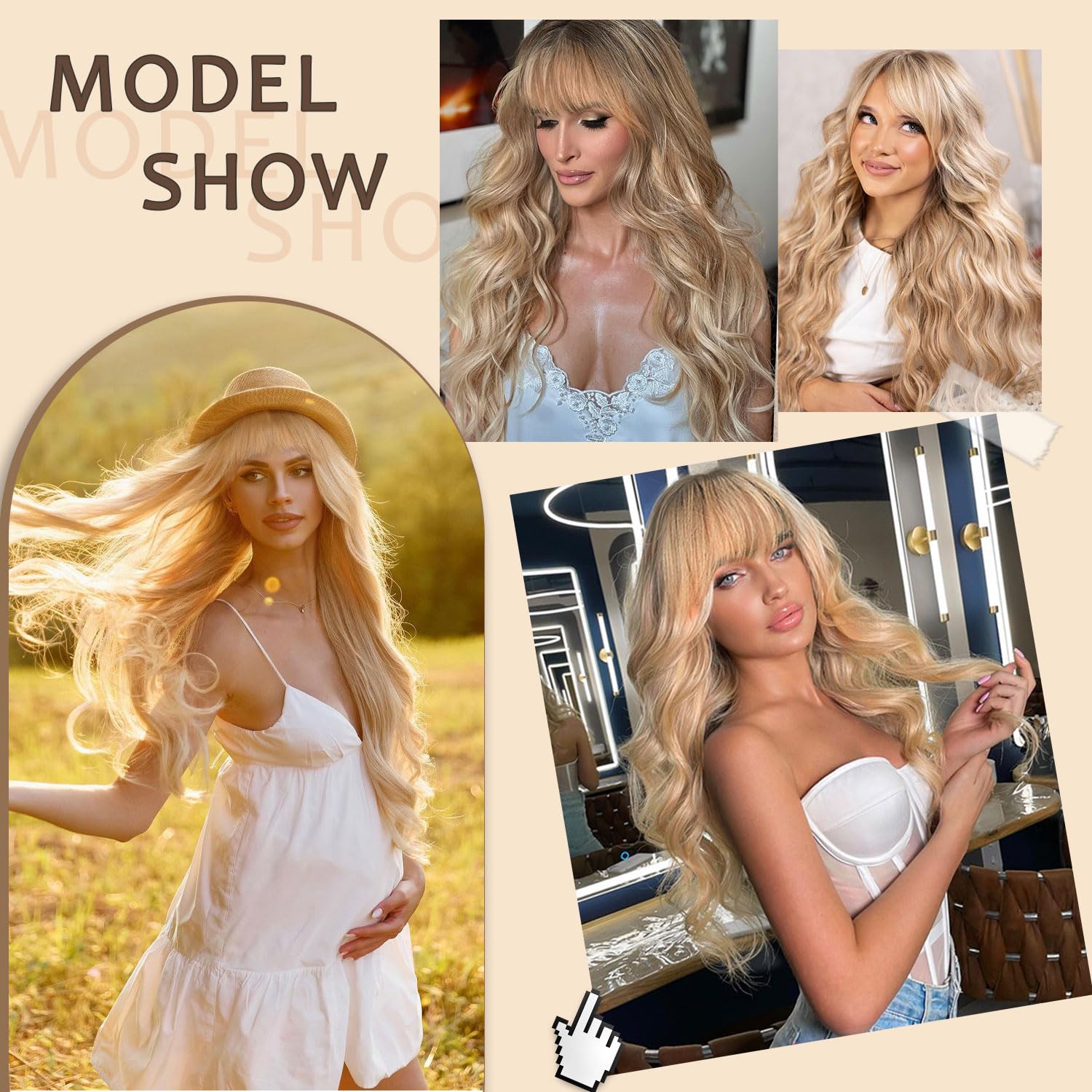 QYDEERY Ombre Blonde Wig with Bangs for Women 613 Synthetic Curly Wigs Long Blonde Wavy Wigs for Cosplay 26 Inch