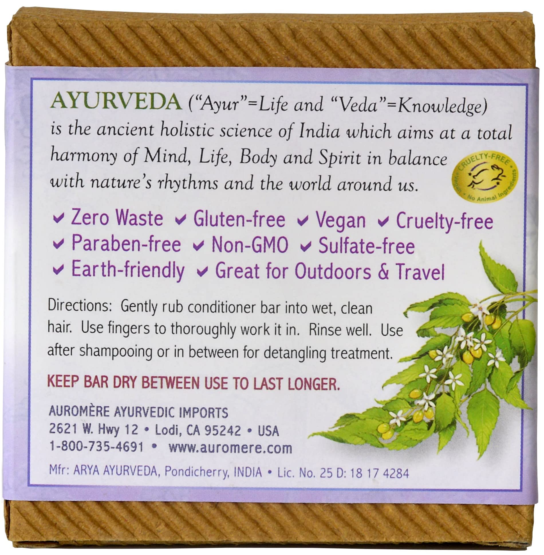 Auromere Ayurvedic Conditioner Bar for All Hair Types – Vegan, Non-GMO, Deep Moisturizing, Nourishing Herbal Formula with Neem, Zero Waste, Recyclable packaging (2.12oz solid bar), 1 Pack