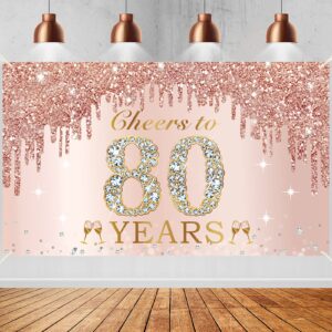 large cheers to 80 years birthday decorations for women, pink rose gold happy 80th birthday banner backdrop party supplies, eighty birthday poster background sign decor