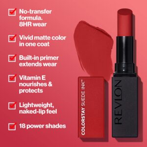 REVLON Lipstick, ColorStay Suede Ink, Built-in Primer, Infused with Vitamin E, Waterproof, Smudge-proof, Matte Color, 008 That Girl, 0.09 oz.