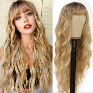 qydeery ombre blonde wig with bangs for women 613 synthetic curly wigs long blonde wavy wigs for cosplay 26 inch