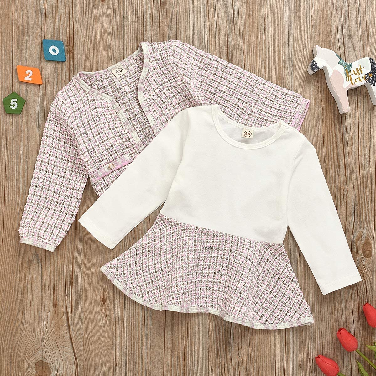 BOIZONTY Toddler Kids Baby Girls Plaid Skirt Set Cardigan Jacket Coat + Tutu Dress Set Long Sleeve Outfits Fall Outfit Set (Pink,3-4T)