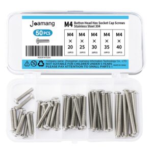 joamang m4 x 20mm 25mm 30mm 35mm 40mm button head socket cap screws bolts, stainless steel 304, metric allen hex drive, bright finish, fully threaded, assortment kit 50pcs