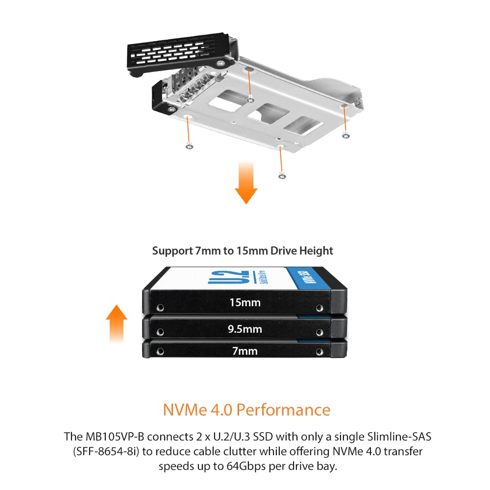 ICY DOCK 2 Bay U.2/U.3 NVMe SSD PCIe 4.0 Enclosure for 5.25” Bay | ToughArmor MB105VP-B