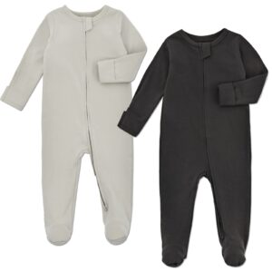 aablexema baby pajamas with feet and mittens 2-pack zip up infant cotton long sleeve footies sleep and play(light grey & black grey,0-3m)