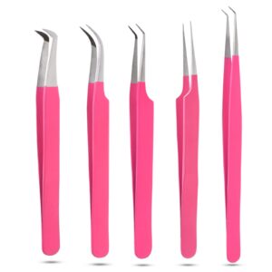 my lash tools - fiber tip lash tweezers for eyelash extensions professional set of 4 isolation, curved & volume tweezers set japanese steel eyelash supplies (matte pink)