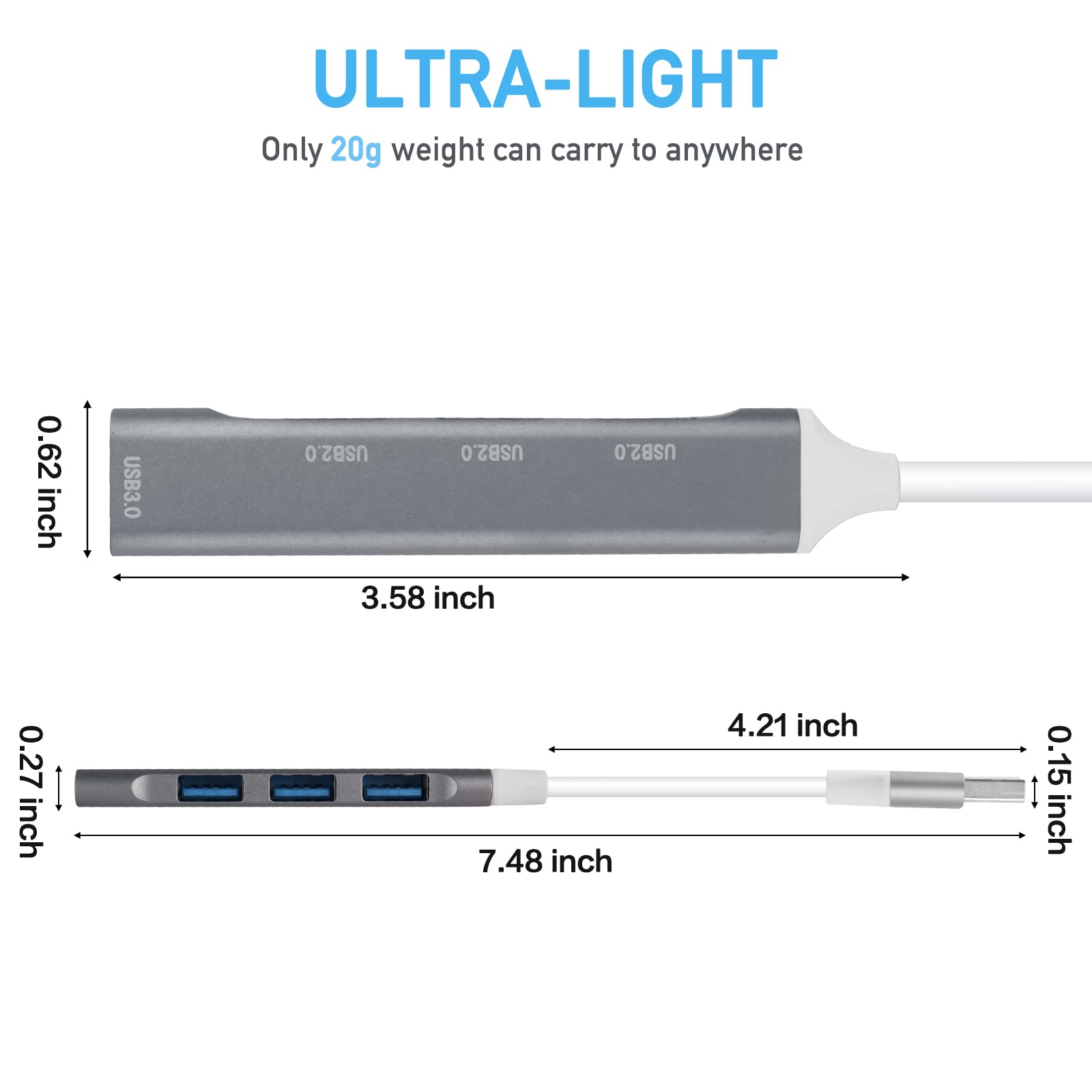 USB Hub 4-Port USB Hub Ultra-Slim Data USB Splitter Portable Aluminium Alloy Mini USB Hub Extensions Applicable for Laptop, MacBook, Mac Mini/Pro, Surface, Notebook PC, PS4, Flash Drive, Mobile HDD