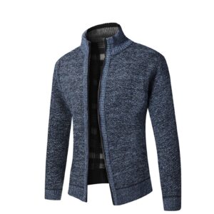 Men Classic Full Zip Knitted Cardigan Casual Stand Collar Fleece Lined Sweaters Slim Fit Winter Warm Thick Sweater (Blue,X-Large)