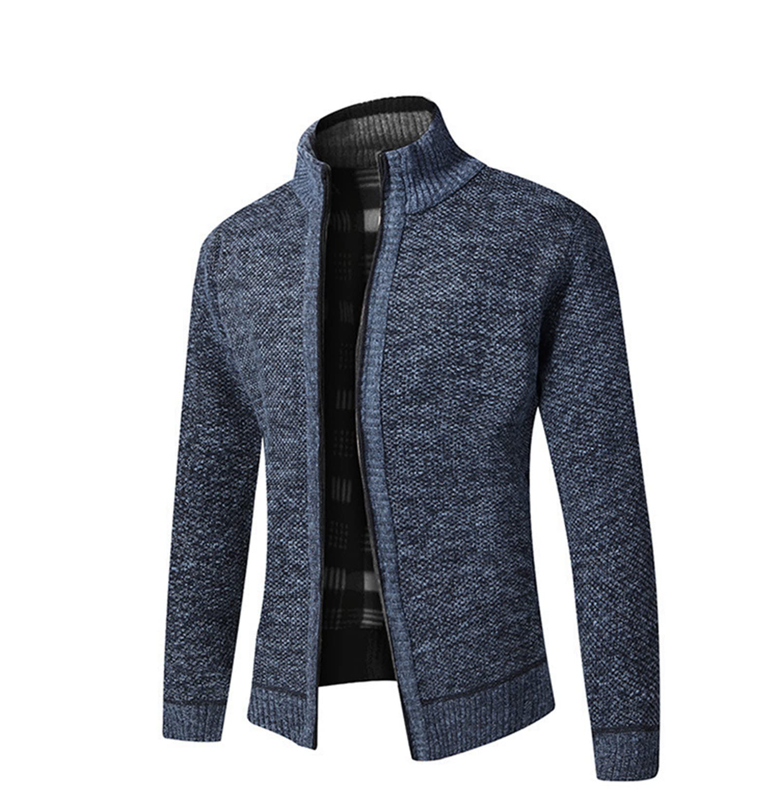 Men Classic Full Zip Knitted Cardigan Casual Stand Collar Fleece Lined Sweaters Slim Fit Winter Warm Thick Sweater (Blue,X-Large)