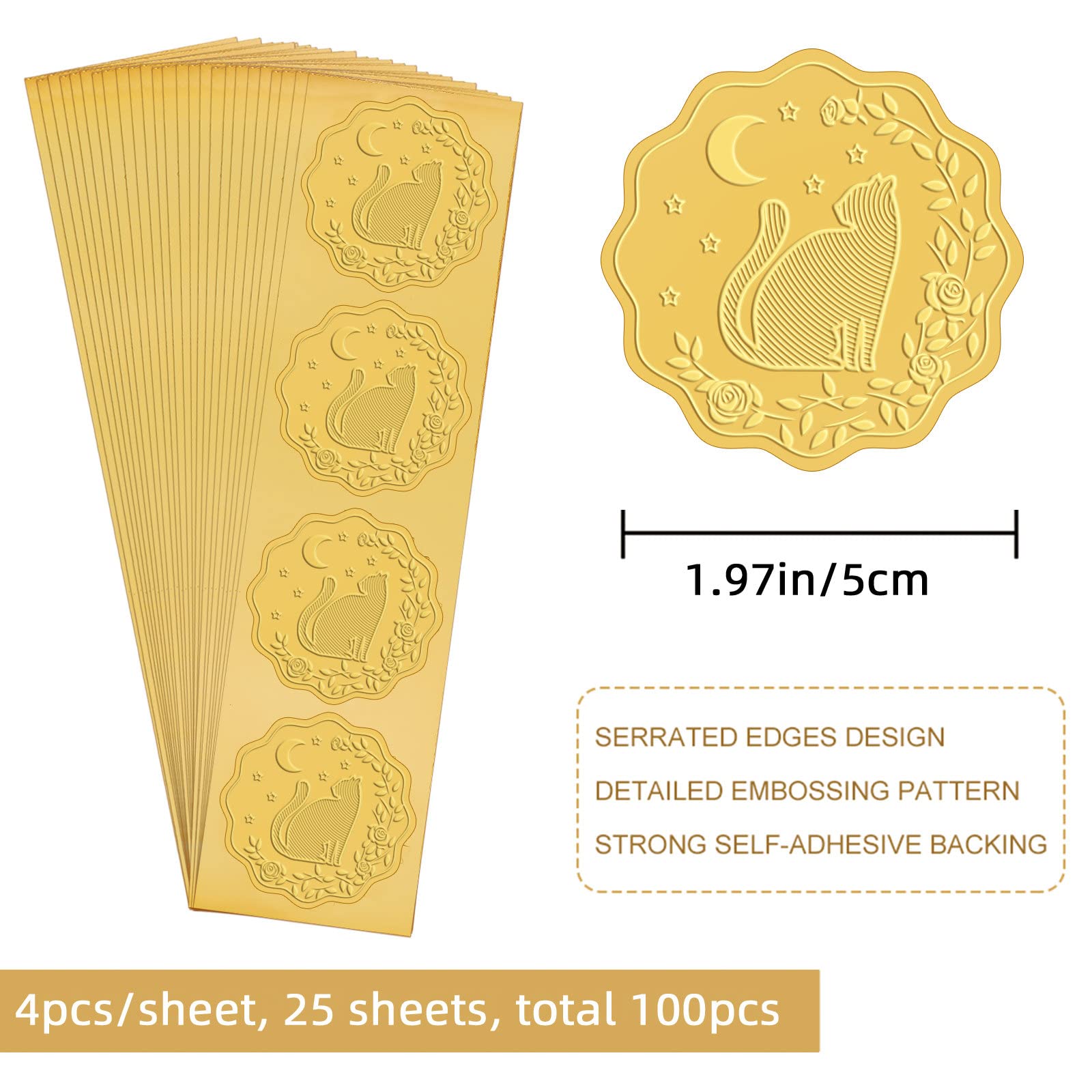 CRASPIRE 100pcs Gold Foil Stickers Embossed Certificate Seals Self-Adhesive Stickers Medal Decoration Stickers Certification Graduation Corporate Notary Seals Envelope (Cat)