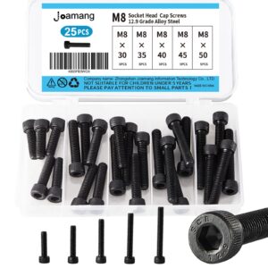 joamang m8 x 30mm 35mm 40mm 45mm 50mm hex socket head cap screws bolts, 12.9 grade alloy steel, black oxide finish, metric allen hex drive, fully threaded, assortment kit 25pcs