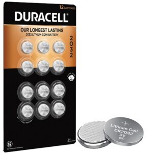 duracell cr2032 3v lithium battery, child safety features, 12 count pack, lithium coin battery for key fob, car remote, glucose monitor, cr lithium 3 volt cell (2032 3v)