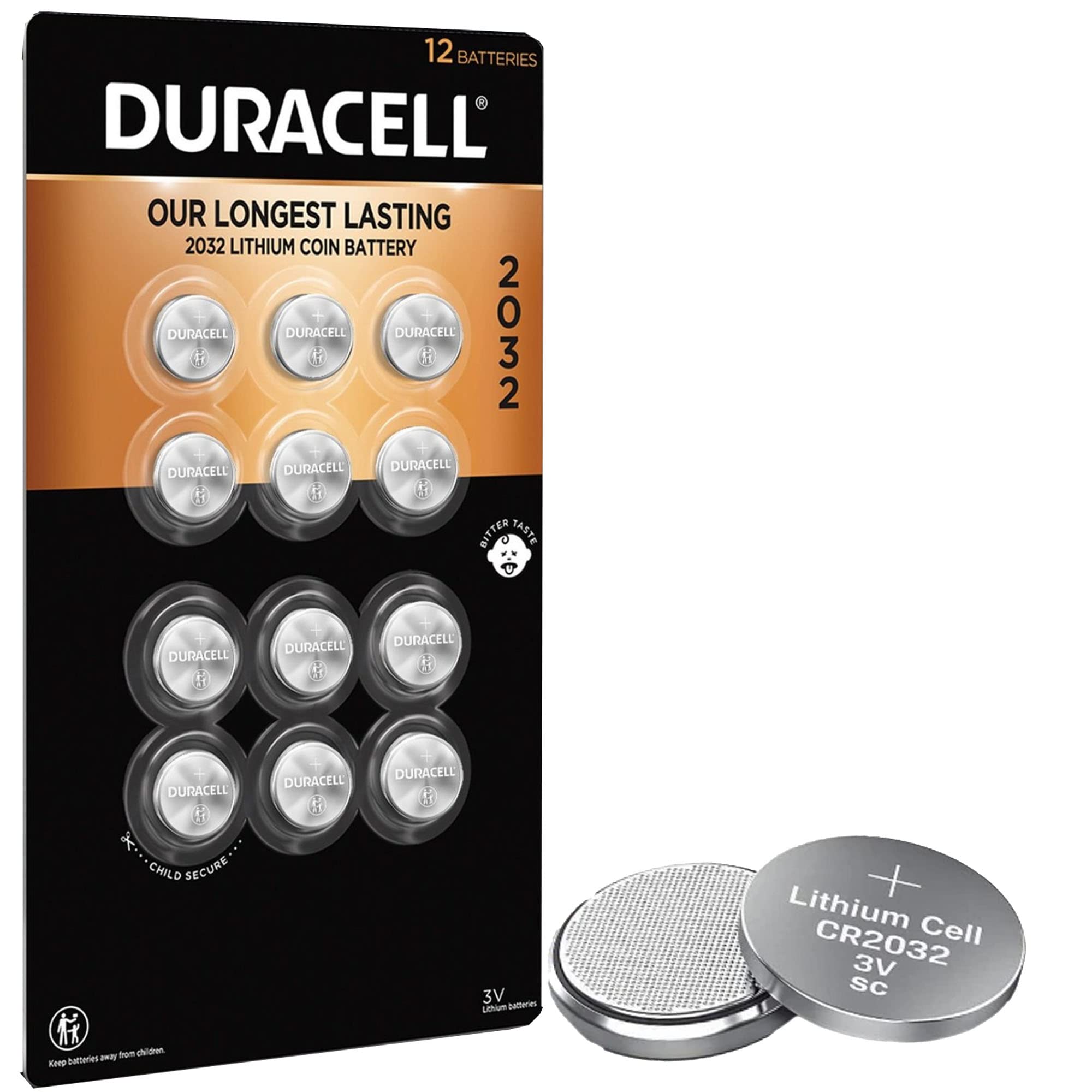 Duracell CR2032 3V Lithium Battery, Child Safety Features, 12 Count Pack, Lithium Coin Battery for Key Fob, Car Remote, Glucose Monitor, CR Lithium 3 Volt Cell (2032 3V)