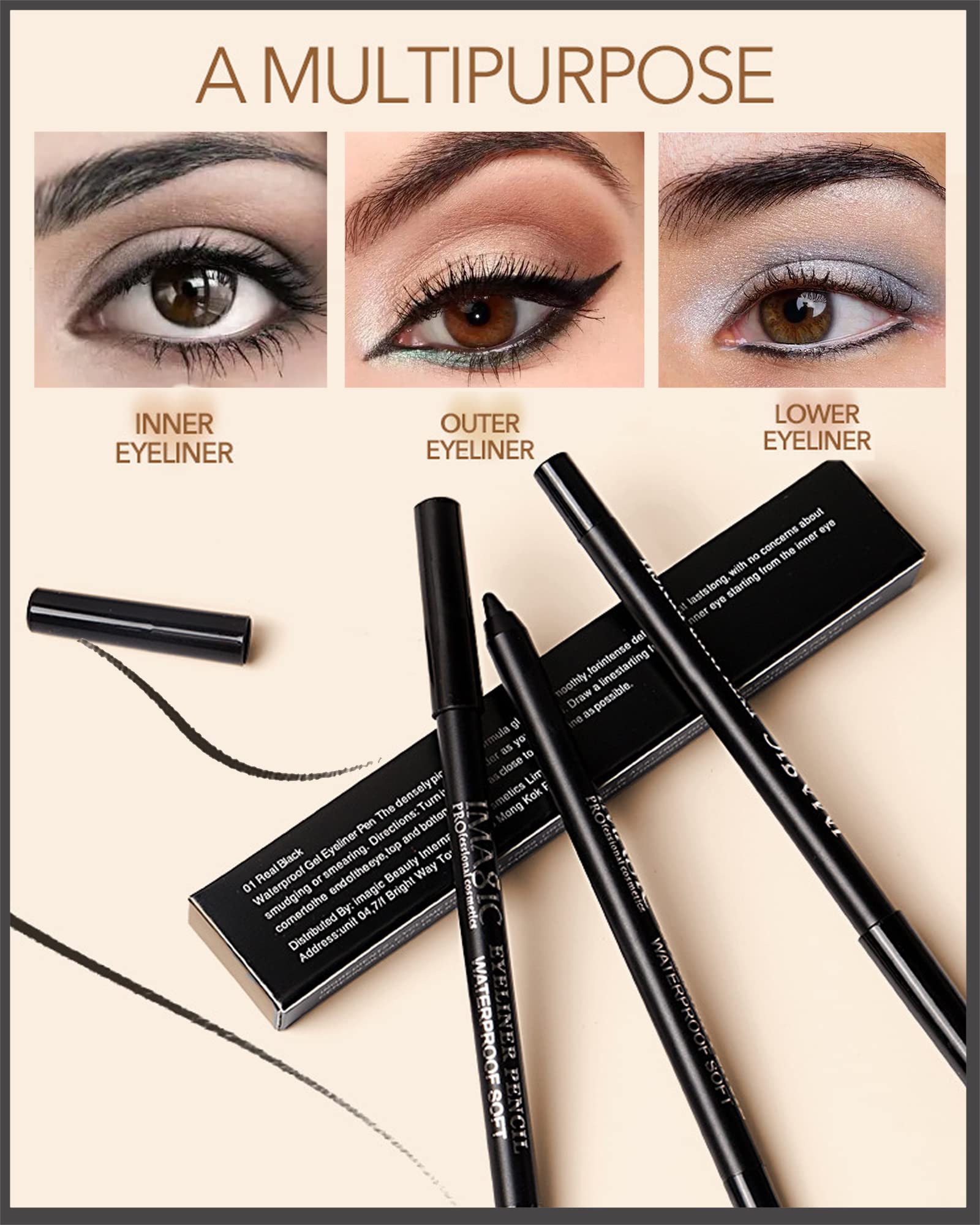 3 Pcs Matte Black Waterproof Smudge-proof Gel Eyeliner Pencil, Fade-Proof Eye Liner Water Line Pencil, Cat Eye/Smoky Eye Makeup Pen, Waterline Gel Eye Liner, Makeup Gift Set for Oleder Women Girl