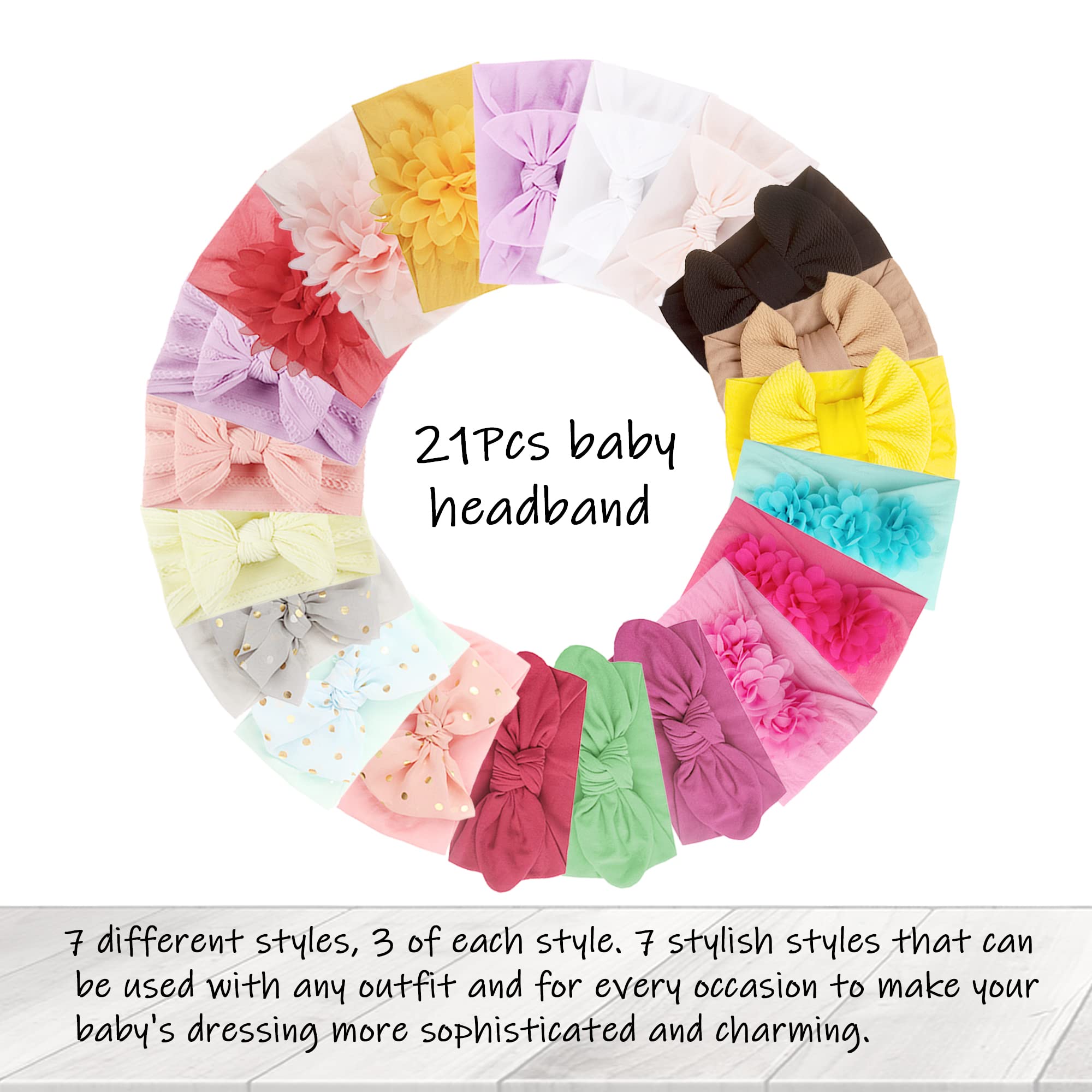 WZT 21PCS Baby Nylon Headbands 7 styles Hairbands Hair Bow Elastics for Girl headbands with bows Newborns Infant Toddlers