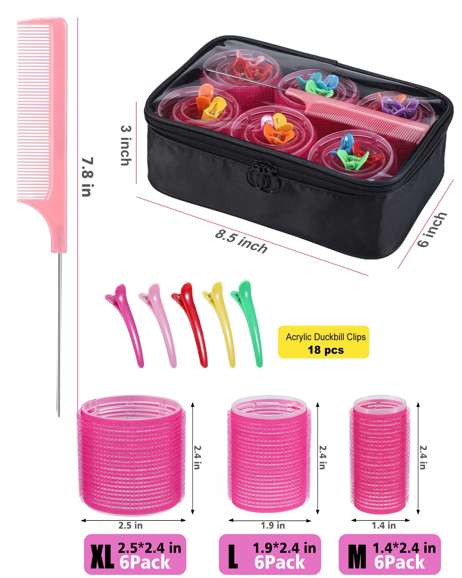 MaxNedrin Hair Roller sets,Self Grip Hair Curlers,3 Inch Salon Hair Dressing Curlers,3 Size (JUMBO LARGE MEDUIEM)18 Packs(Rose Red)