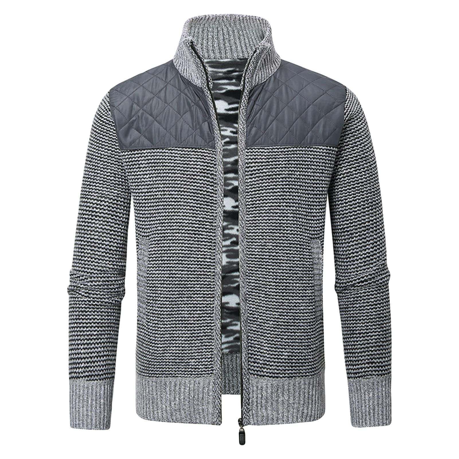 Men Full Zip Casual Knitted Cardigan Slim Color Block Fleece Lined Sweaters Stand Collar Winter Warm Thick Sweater (Grey,3X-Large)