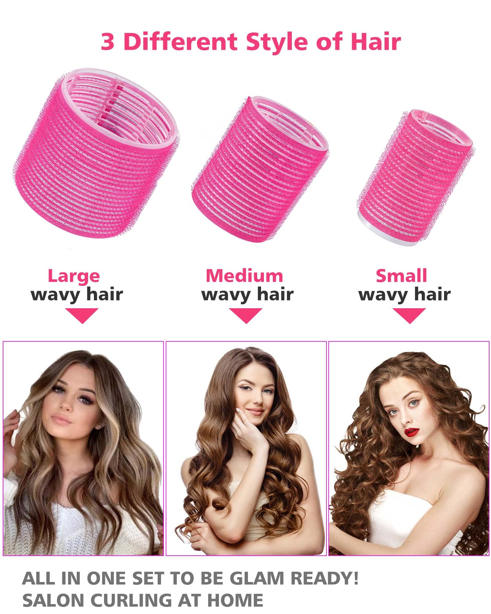 MaxNedrin Hair Roller sets,Self Grip Hair Curlers,3 Inch Salon Hair Dressing Curlers,3 Size (JUMBO LARGE MEDUIEM)18 Packs(Rose Red)