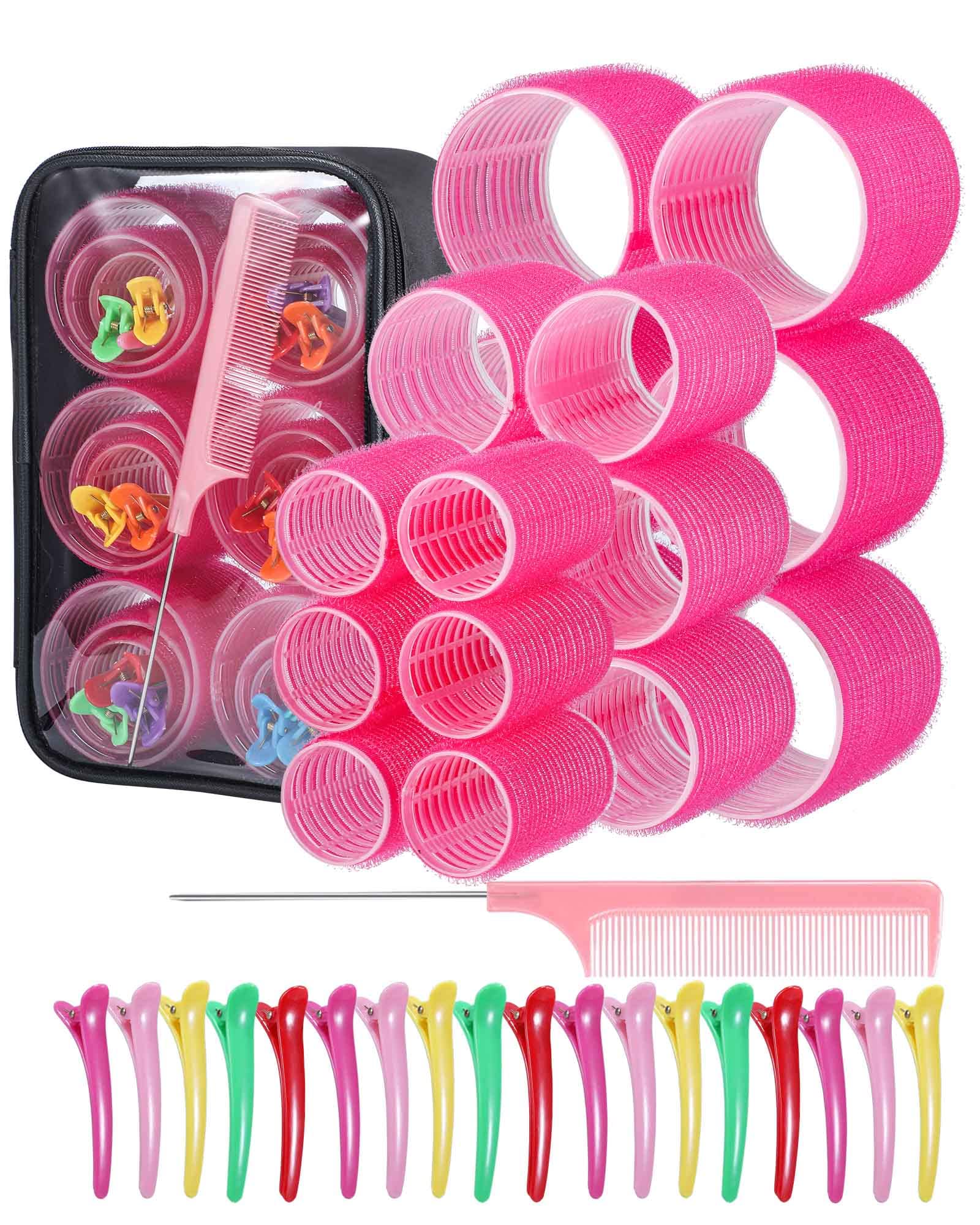 MaxNedrin Hair Roller sets,Self Grip Hair Curlers,3 Inch Salon Hair Dressing Curlers,3 Size (JUMBO LARGE MEDUIEM)18 Packs(Rose Red)