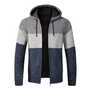 maiyifu-gj men long sleeve full zip knitted hoodie lightweight patchwork hooded sweater slim fit color block hoodies cardigan (blue,medium)