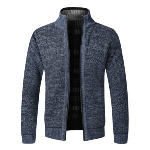 men classic full zip knitted cardigan casual stand collar fleece lined sweaters slim fit winter warm thick sweater (blue,x-large)