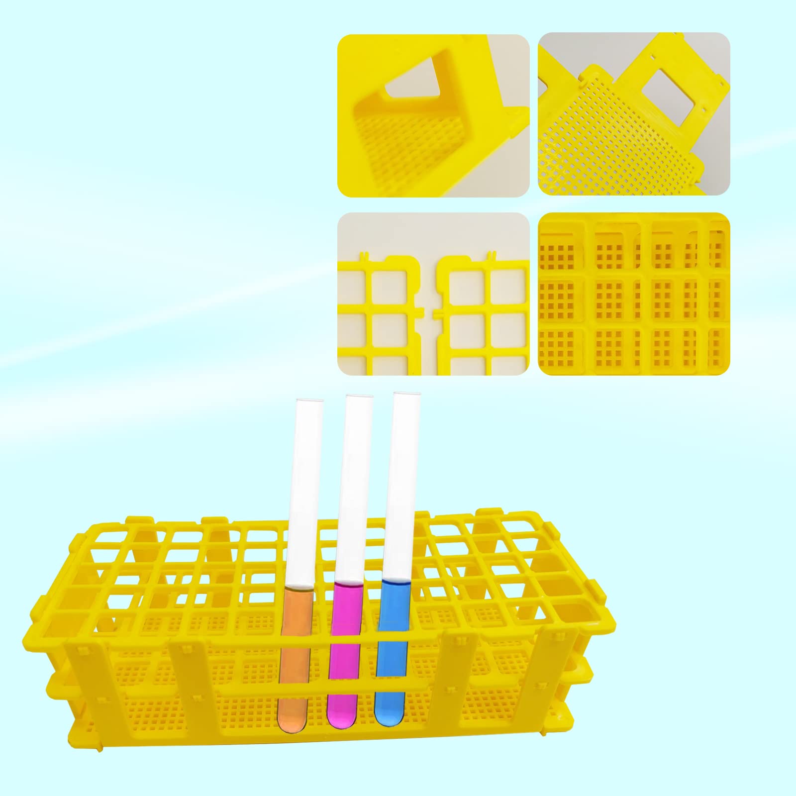 Pocomoco 3 Packs Plastic Test Tube Rack, 60 Holes Lab Test Tube Rack Holder for 16mm Test Tubes, Yellow, Detachable (Yellow60)