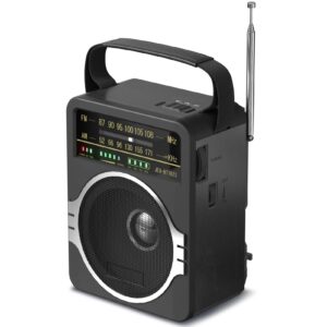 jeujug portable am fm radio, bluetooth 5.0 radio 5 watts loud speaker,fm radio built-in rechargeable battery/dc d*4 cell battery operated & ac power plug in wall radio black