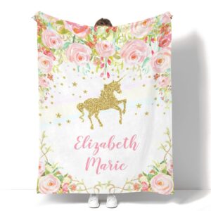 personalized unicorn blanket with name custom baby blanket for girls customized baby girl gifts soft plush fleece blankets for shower nursery swaddling - floral unicorn9 50x60in