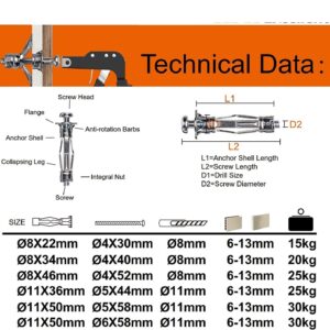 Expansion Screw, Stainless Steel Expansion Bolts, Screws, Screws,Expansion Bolts Zinc Plated Heavy Duty Metal Plate Board Cavity Wall Fixing Anchors Plugs Kit Hollow Wall Anchor Kit