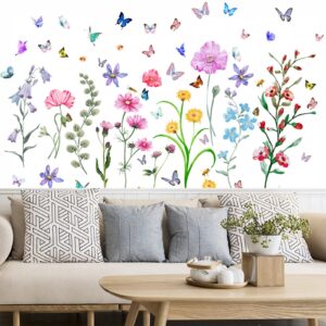 pdctacst colorful flower wall decals with butterfly and bee, large floral clusters butterfly wall stickers diy peel and stick, removable pvc art wall decor mural for nursery baby kids room