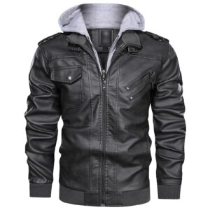 maiyifu-gj men vintage faux leather jacket stand collar pu leather motorcycle jacket casual bomber hoodie with removable hood (grey,small)