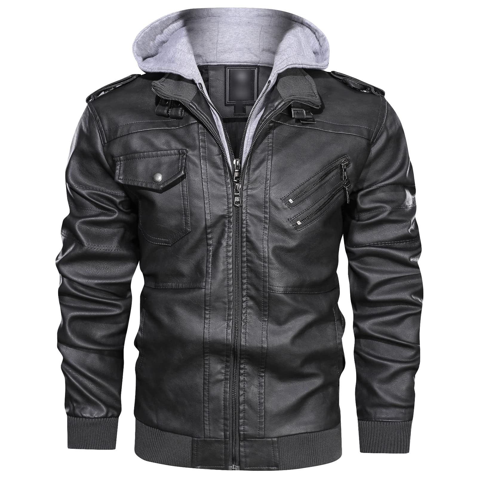 Maiyifu-GJ Men Vintage Faux Leather Jacket Stand Collar PU Leather Motorcycle Jacket Casual Bomber Hoodie with Removable Hood (Grey,Small)