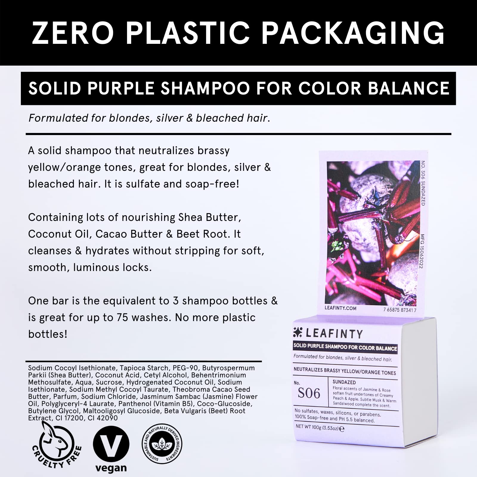 Leafinty Shampoo Bar for Blondes Silver & Bleached Hair, hair growth Shampoo Bar - Sulfate Free, Natural, Sustainable, Zero Waste, Plastic Free Solid Shampoo Bar,3.52oz (Pack of 1, up to 75 uses)