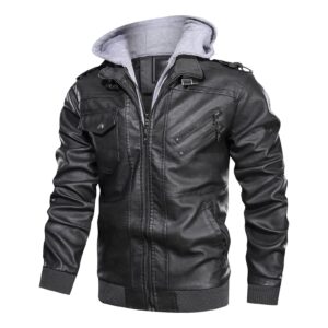 Maiyifu-GJ Men Vintage Faux Leather Jacket Stand Collar PU Leather Motorcycle Jacket Casual Bomber Hoodie with Removable Hood (Grey,Small)