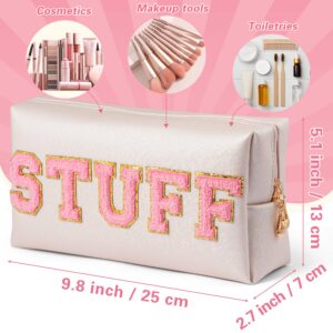 Y1tvei Preppy Makeup Bag Gifts - Preppy Patch Extra Large Stuff Varsity Letter Makeup Bag Sewn with Pink Letter PU Leather Waterproof Cosmetic Pouch Toiletry Zipper Organizer for Women (Shell Gold)