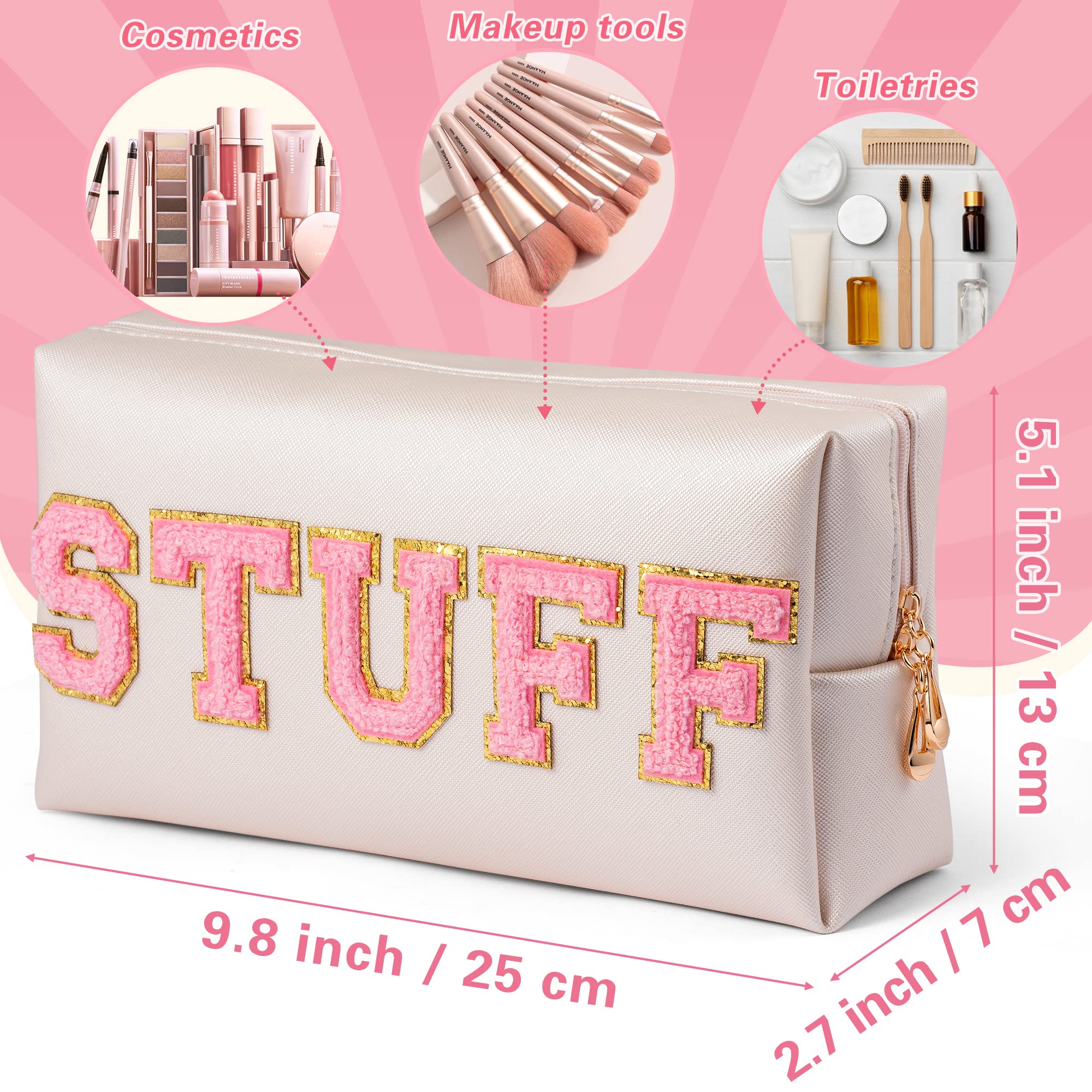 Y1tvei Preppy Makeup Bag Gifts - Preppy Patch Extra Large Stuff Varsity Letter Makeup Bag Sewn with Pink Letter PU Leather Waterproof Cosmetic Pouch Toiletry Zipper Organizer for Women (Shell Gold)