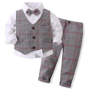 infant white long sleeve dress shirts plaid vest check pant with bowtie gentleman outfits for baby boys 12-18m