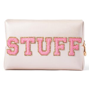 y1tvei preppy makeup bag gifts - preppy patch extra large stuff varsity letter makeup bag sewn with pink letter pu leather waterproof cosmetic pouch toiletry zipper organizer for women (shell gold)