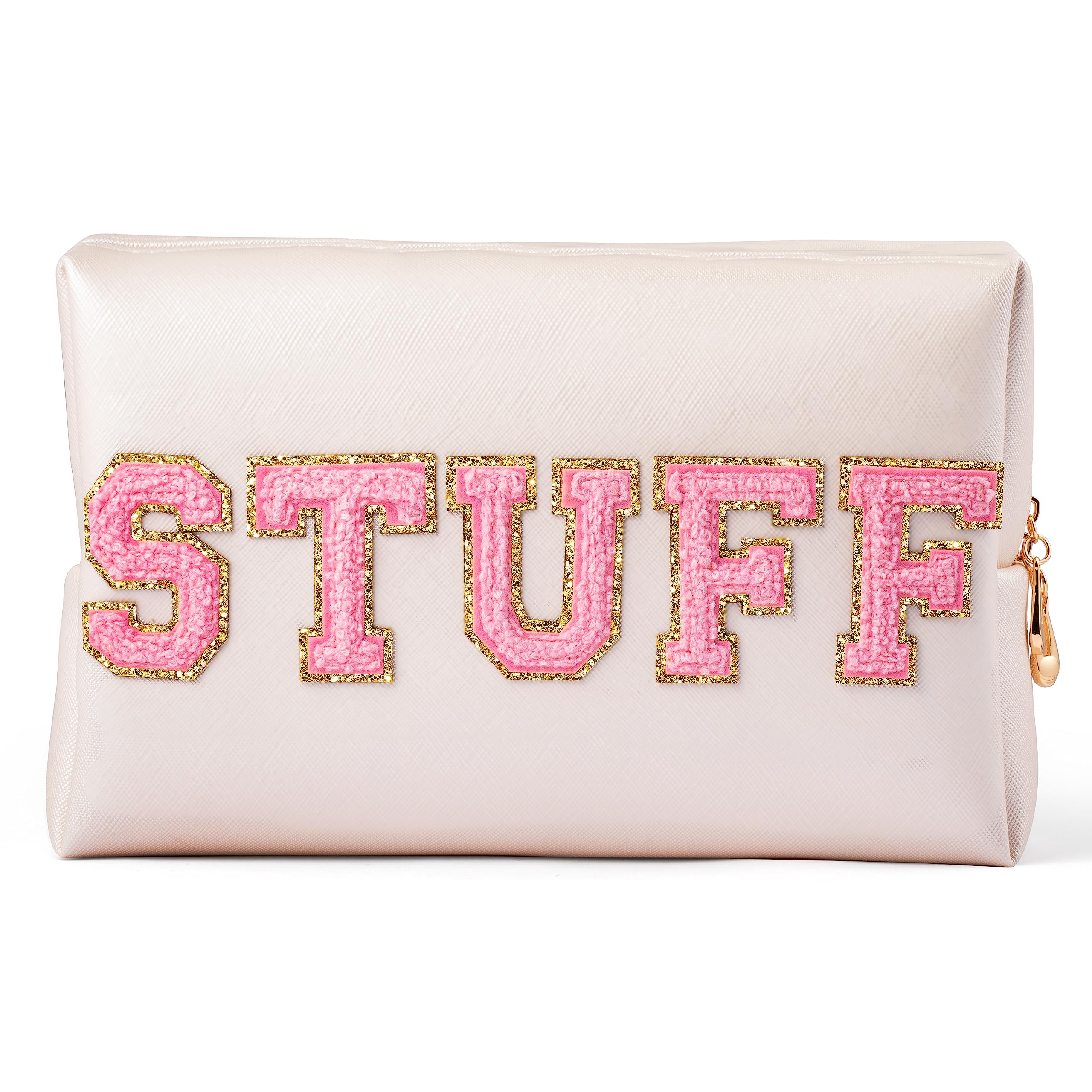 Y1tvei Preppy Makeup Bag Gifts - Preppy Patch Extra Large Stuff Varsity Letter Makeup Bag Sewn with Pink Letter PU Leather Waterproof Cosmetic Pouch Toiletry Zipper Organizer for Women (Shell Gold)