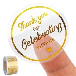 joycraft 500pcs thank you stickers, 1.5 inch gold foil round clear stickers, thank you for celebrating with us stickers, personalized gift stickers for envelope seals, gift wrapping, gift bags