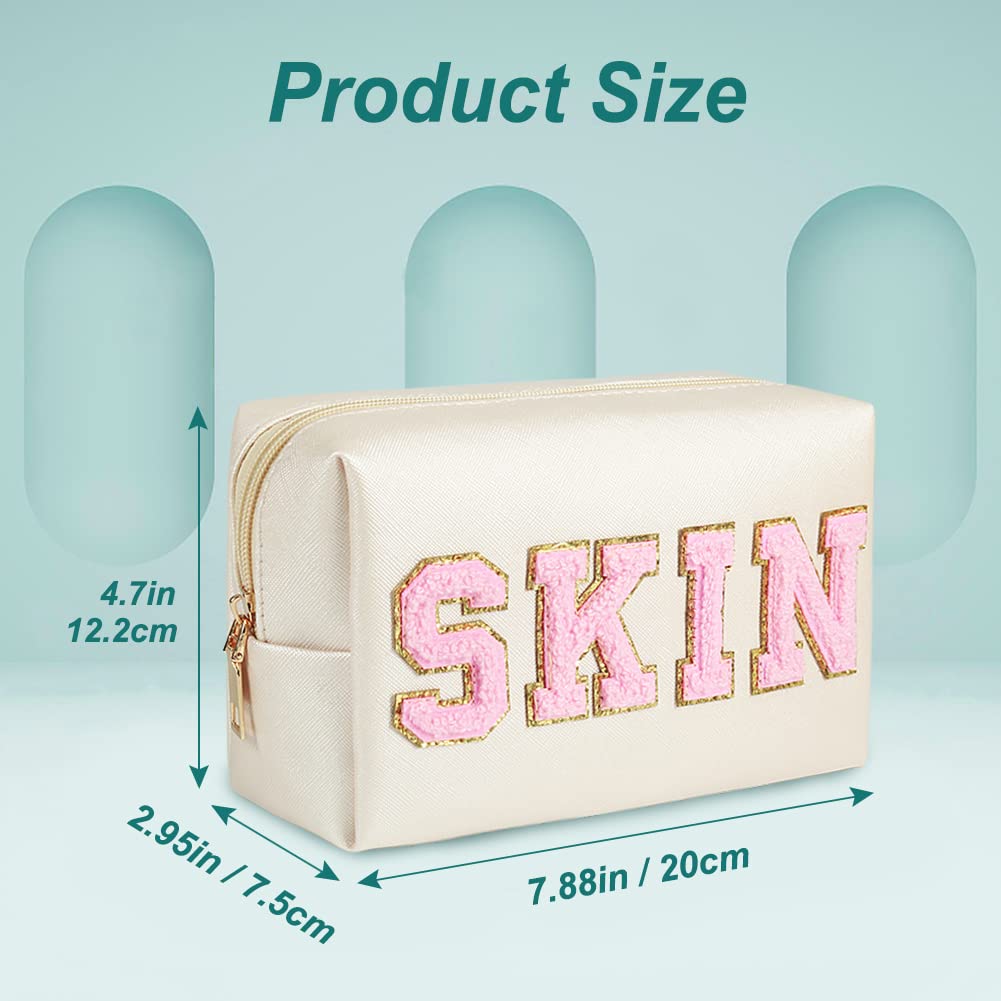 JOINDO Skin Makeup Bag, Skin Care Cosmetic Toiletry Bag, Preppy Makeup bag,Portable Makeup Zipper Pouch Storage Purse, PU Leather Skincare Organizer Bag for Travel Daily Use