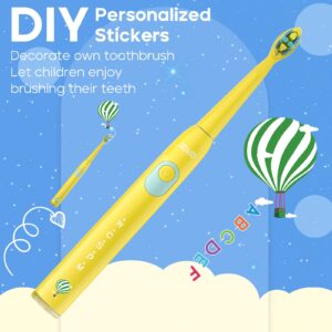 SEAGO Kids Electric Toothbrush, Sonic Soft Bristle Rechargeable Toothbrushes with DIY Stickers, 5 Modes, Includes 4 Replacement Brush Heads, Ages 3 to 12 Years Old (Yellow)