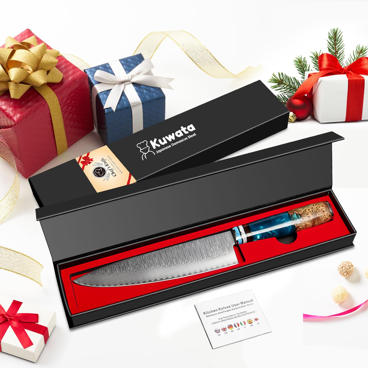 Chef Knife, Professional Japanese VG10 Damascus Steel Kitchen Chefs Knife 8 Inch, Razor Sharp Professional Meat Cutting Knife with Gift Box for Family, Restaurant