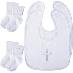 jiuguva 4 pcs baptism bibs and socks set christening bib for baby white embroidered cross baptism outfit for boy girl(7.9 x 11 inch)