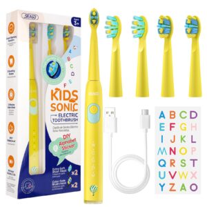 SEAGO Kids Electric Toothbrush, Sonic Soft Bristle Rechargeable Toothbrushes with DIY Stickers, 5 Modes, Includes 4 Replacement Brush Heads, Ages 3 to 12 Years Old (Yellow)